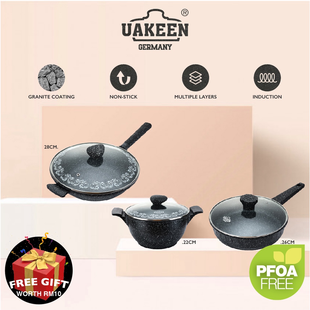 [UAKEEN GERMANY] 22CM Casserole Pot + 24CM Frypan + 28CM Deep Frypan 3 ...