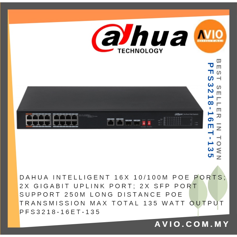 Dahua 16 Port POE Switch 16x 10/100m Poe + 2x Gigabit Uplink 2x SFP 250 ...