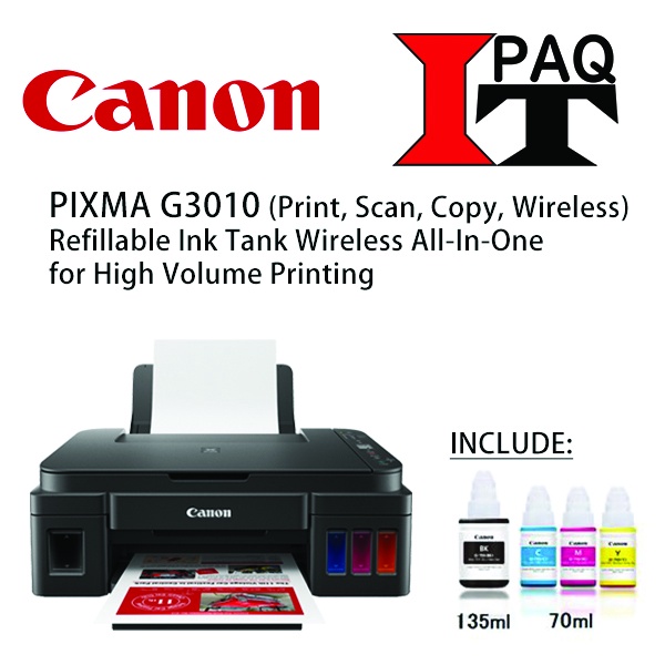 Canon PIXMA G3010 Printer (Print, Scan, Copy, Wireless) Refillable Ink Tank Wireless All-In-One ...