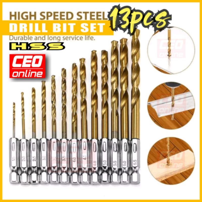 CEO 🇲🇾 13Pcs HSS High Speed Steel Titanium Coated Drill Bit Set 1/4 Hex Shank 1.5mm-6.5mm ...