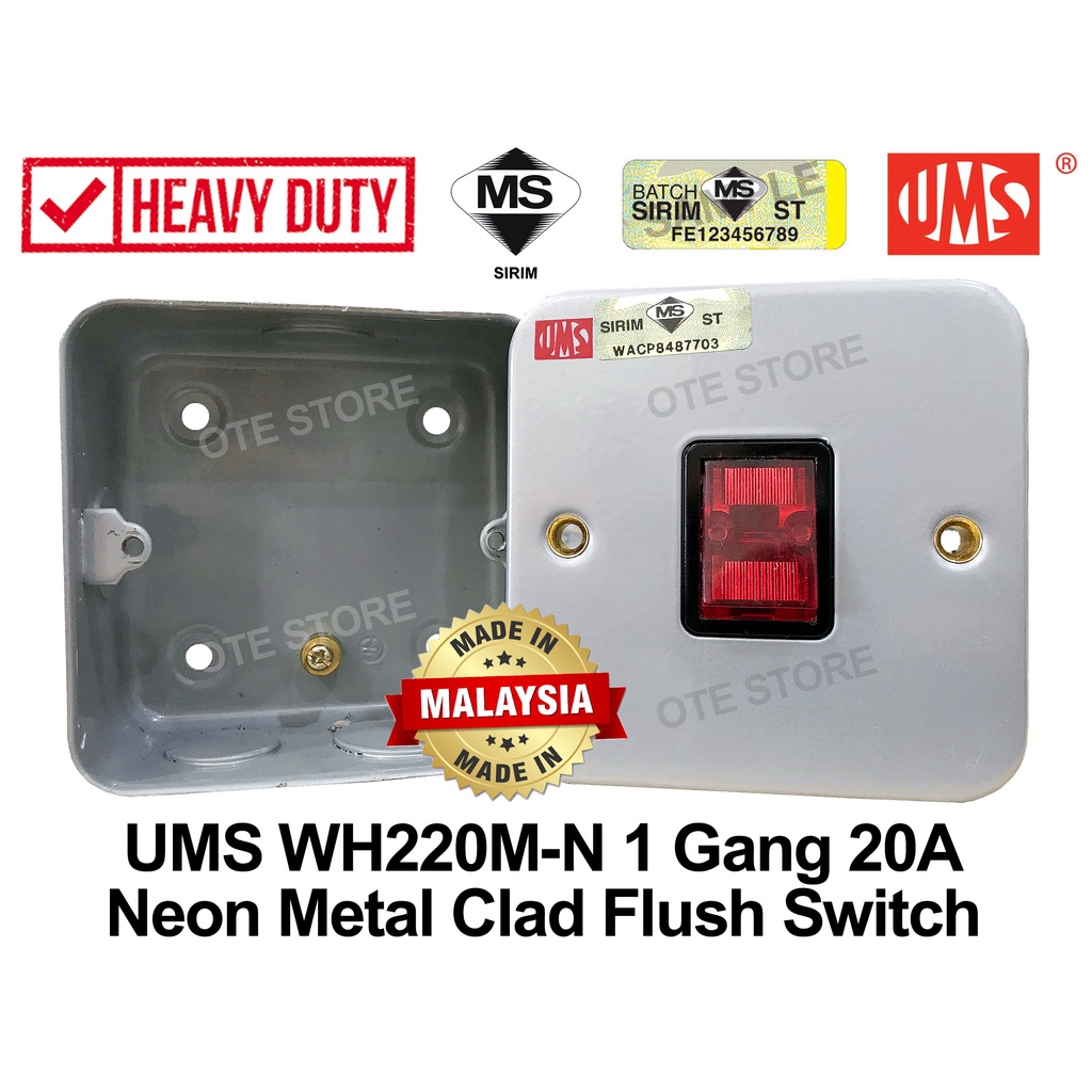 UMS WH220M-N 1 Gang 20A Neon Metal Clad Flush Switch (sirim) | Shopee ...