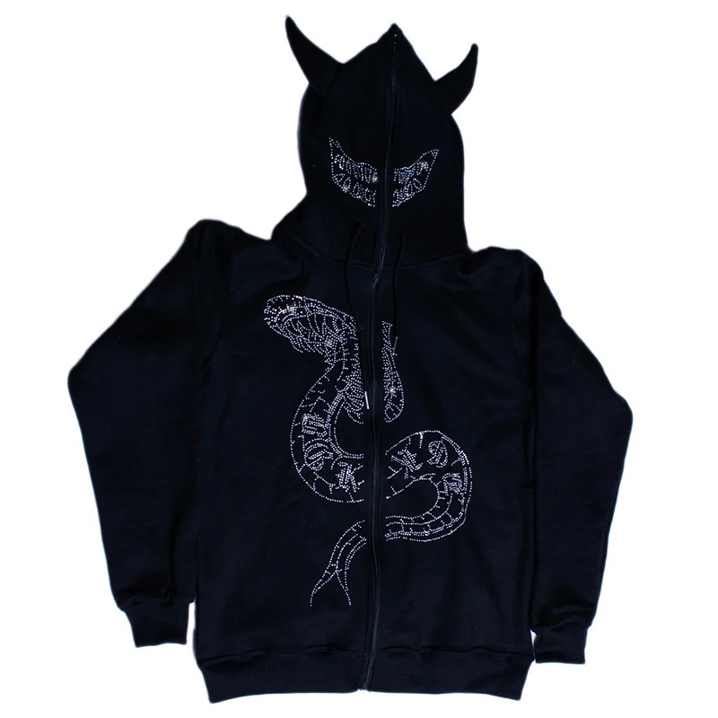 Y2K Rhinestone graphics devil snake zip Hooded Sweatshirt Men's hoodies Harajuku Goth Oversized ...