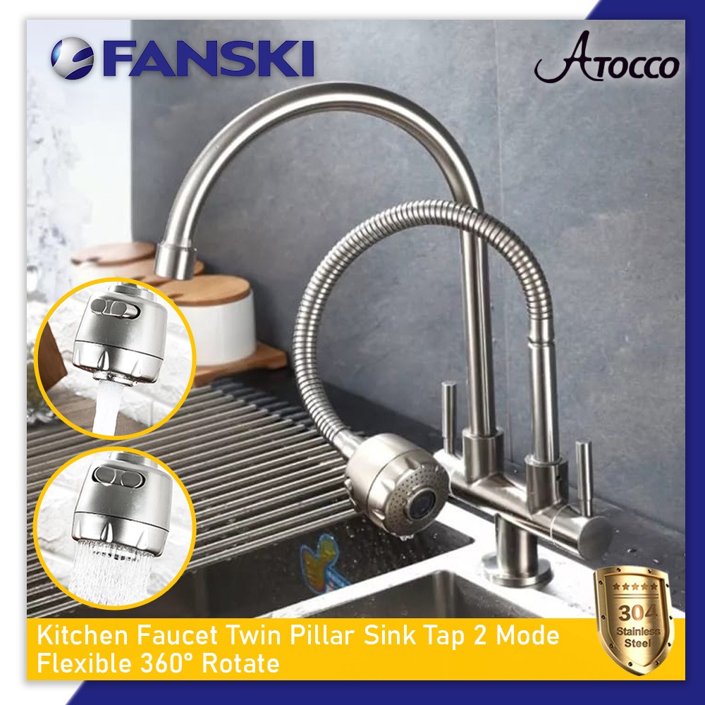 AT-304549SS Atocco 304 Stainless Steel Kitchen Faucet Twin Pillar Sink ...