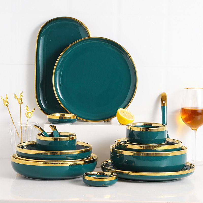 25 Pieces Green Ceramic Dining Set Set Pinggan Mangkuk Ceramic 25 ...