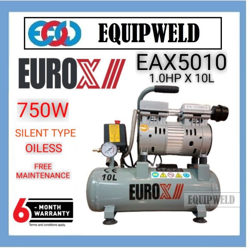 Eurox EAX5010 Oiless Air Compressor 1.0HP X 10 Litre (Silent) Oil Free Air 1HP X 10L 550W ...