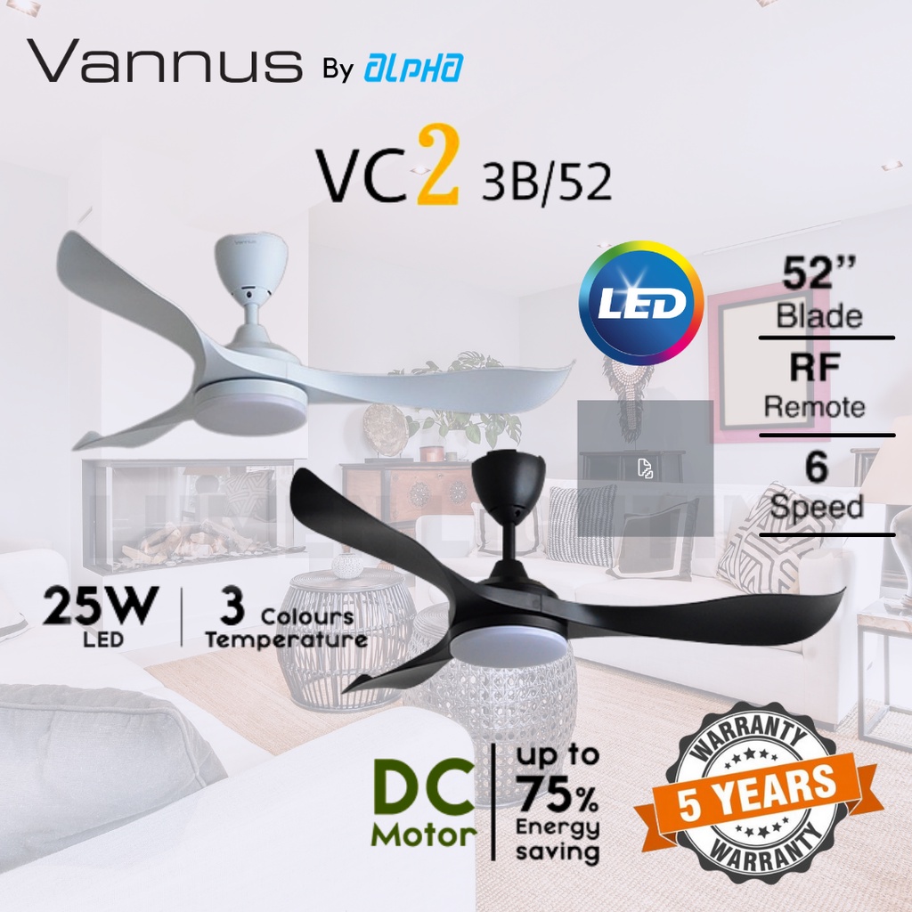 ALPHA Vannus VC2 LED 52" Ceiling Fan DC Motor 3 Blades 6 Speeds Remote ...