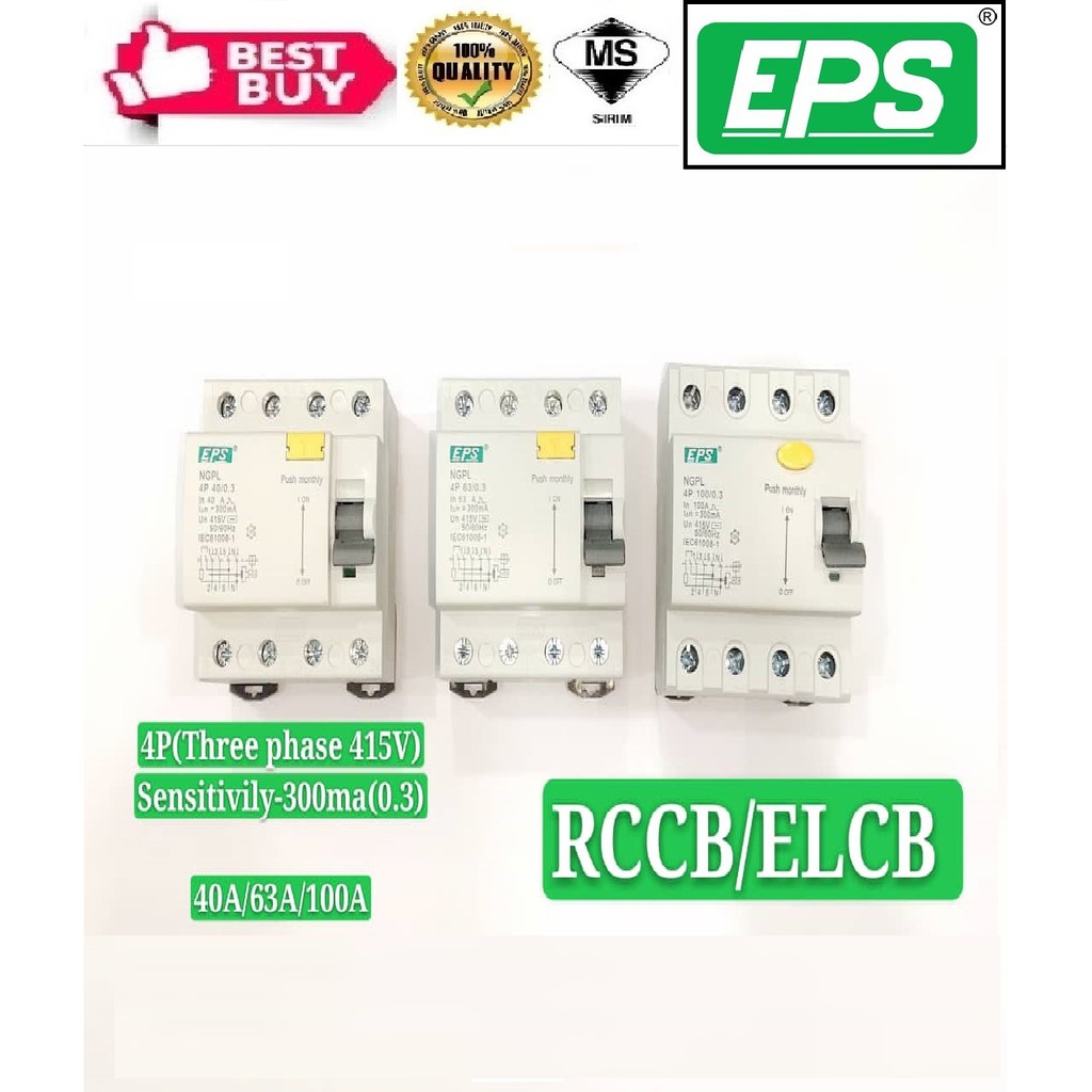 EPS RCCB/ELCB (4 Pole) (415V) (300ma 0.3) (40A/63A/100A) (SIRIM Approved) | Shopee Malaysia