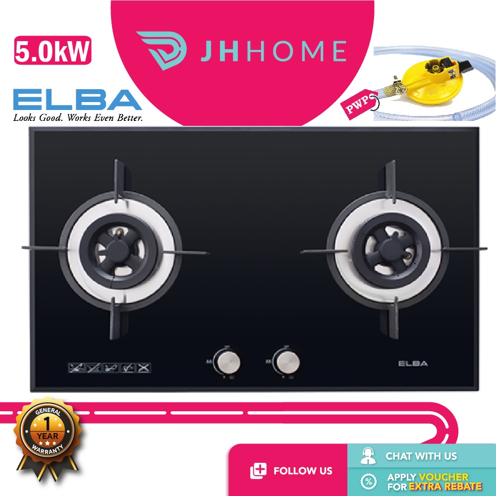 Elba 2 Burners Safety Valve Built In Glass Hob With/Without Gas Regulator (5.0kW) EGH-K8942G(BK ...