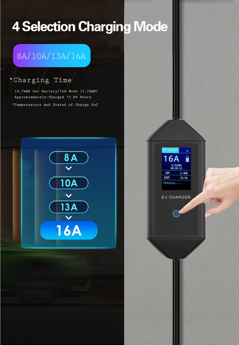 EV PHEV Car Charger Type 2 Portable Charger Color LED Screen 16A 13A ...