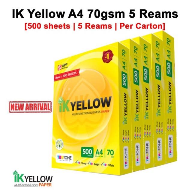 Ik yellow A4 paper 450’s/500’s 70gsm / kertas A4 Putih / kertas fotostat /A4 copier | Shopee ...