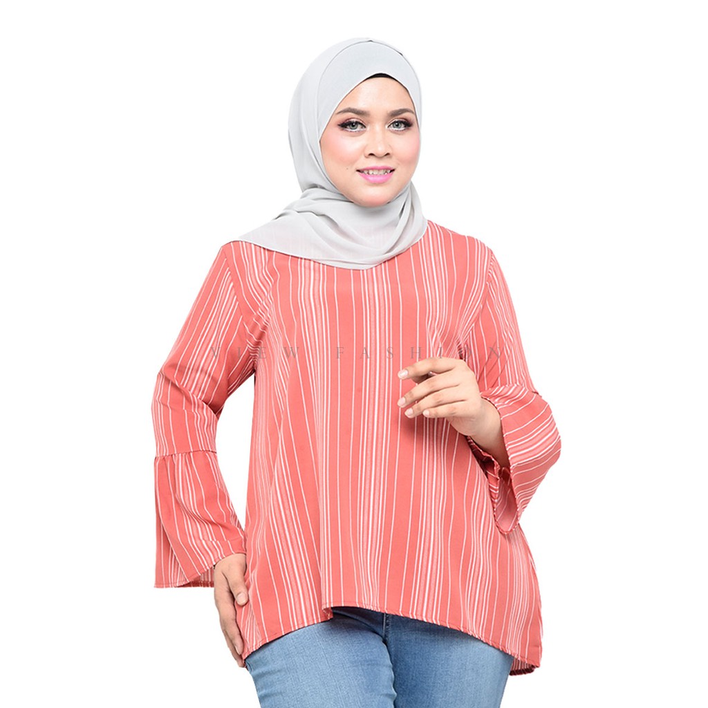 [VIEW] FS-3XL MUSLIMAH PLUS SIZE BLOUSE Stripe Flutter Sleeve Top corak ...