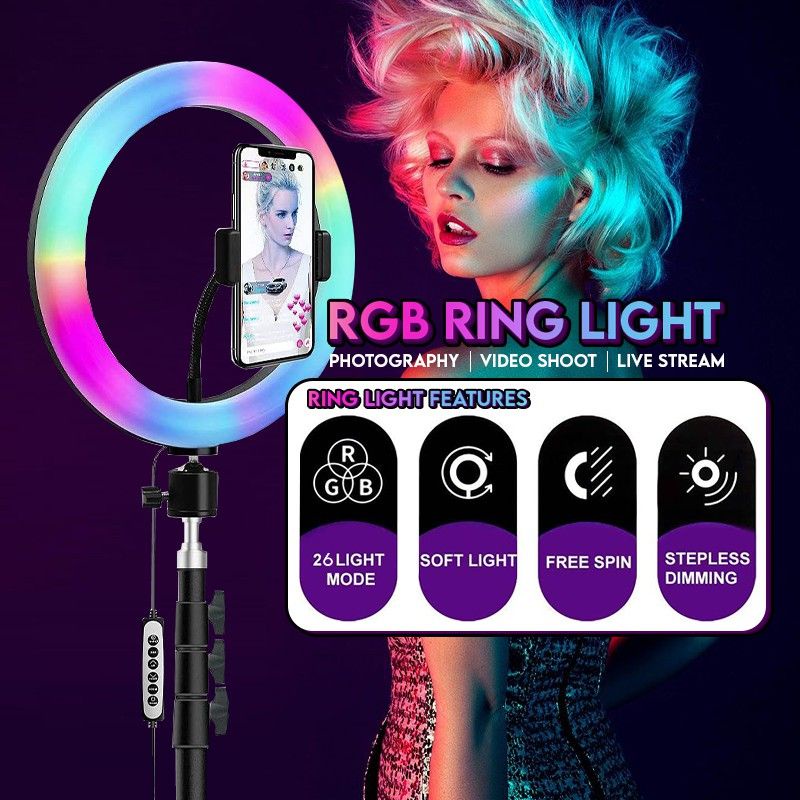 🌈 RGB MJ26 /MJ36 /MJ45 / MJ56 3D LED Selfie Ring Light with 210CM Tripod Stand FB Youtube Tiktok ...