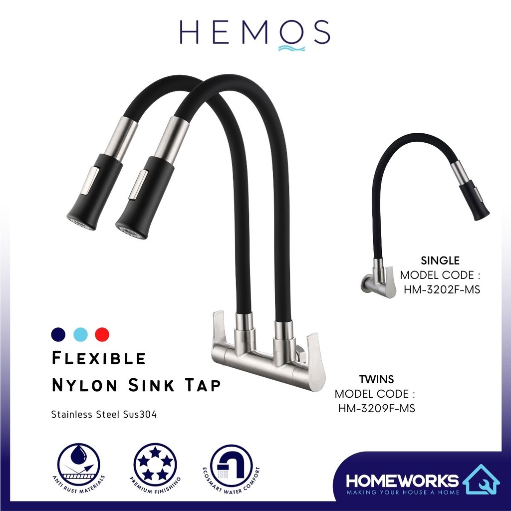 HEMOS KITCHEN FAUCET SUS 304 BLACK FLEXIBLE TWINS SILICONE HOSE PAIP ...