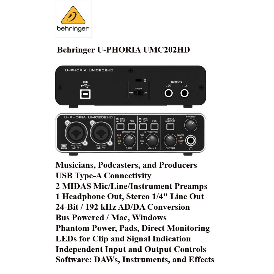 Behringer U-PHORIA UMC202HD Sound Card - USB 2.0 Audio Interface ...