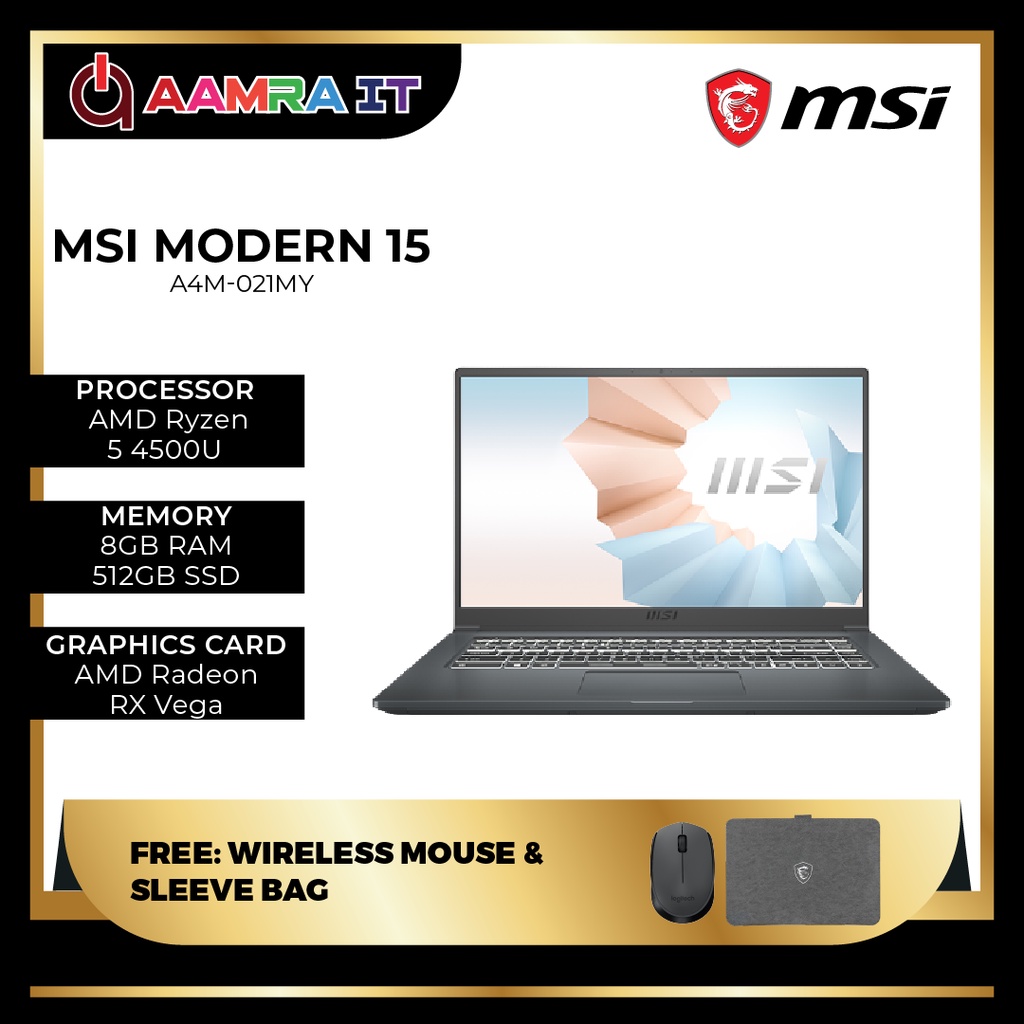 MSI MODERN 15 A4M-021MY R5 Creation Laptop (R5-4500U, 8GB, 512GB SSD, 15.6″ FHD, W10, AMD RADEON ...