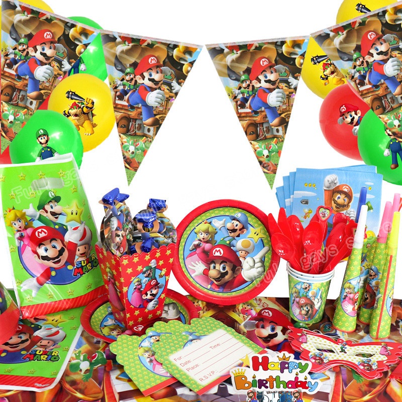 New Super Mario Bros Birthday Party Tableware Decorations Banner Hat ...