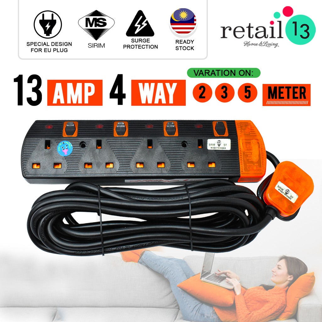 13AMP Sirim Approved 4 Way Extension Plug Sockets Max Load 3250 Watt ...