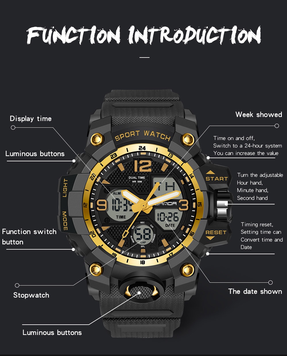 Sanda 6030 Sport Watch Waterproof Luminous Display Dual Display ...