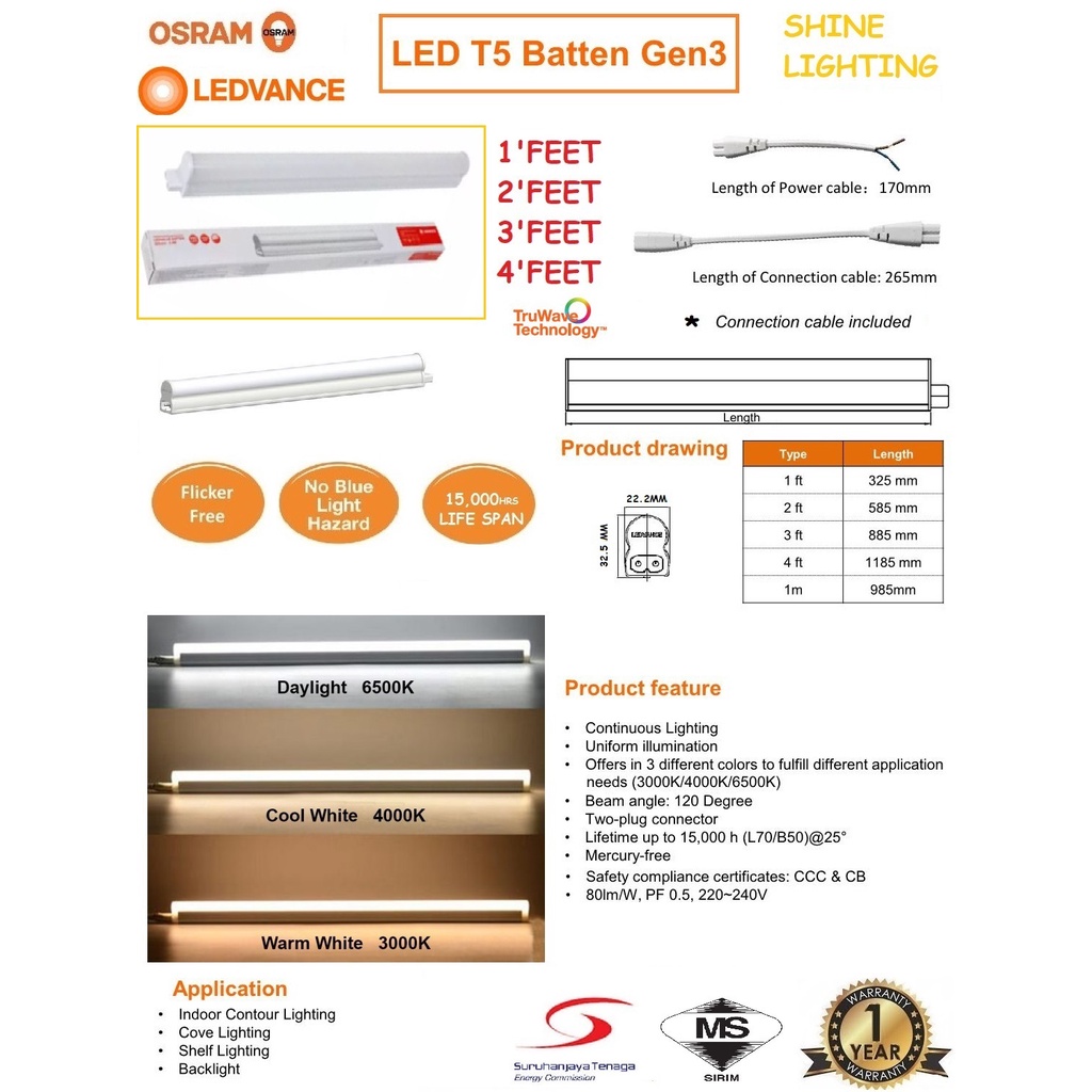 LED T5 BATTEN OSRAM LEDVANCE (1ft, 2ft, 3ft, 4ft) DAYLIGHT/COOL WHITE/WARM WHITE | Shopee Malaysia