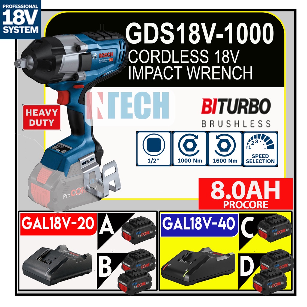 BOSCH GDS18V-1000 18V CORDLESS 1/2" HIGH IMPACT WRENCH - BITURBO BRUSHLESS TECHNOLOGY C/W 18V 8 ...