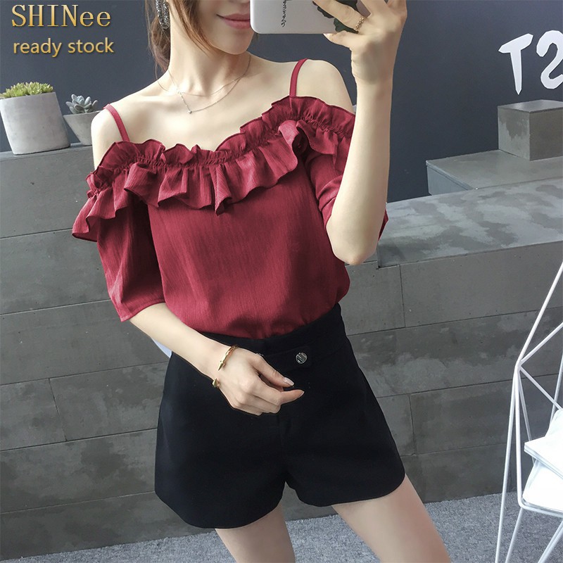 Frill Off Shoulder Chiffon Blouse Loose Women Tops Summer Slash Neck
