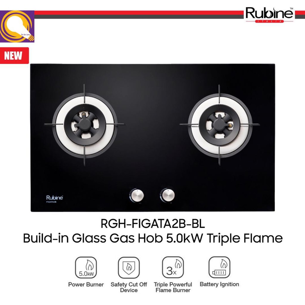 Rubine RGH-FIGATA2B 10kW 2 Burner Glass Built-In Kitchen Gas Regulator ...