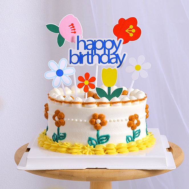 INS Style Daisy Birthday Cake Topper Set Flower Cake Insert Flag Happy ...