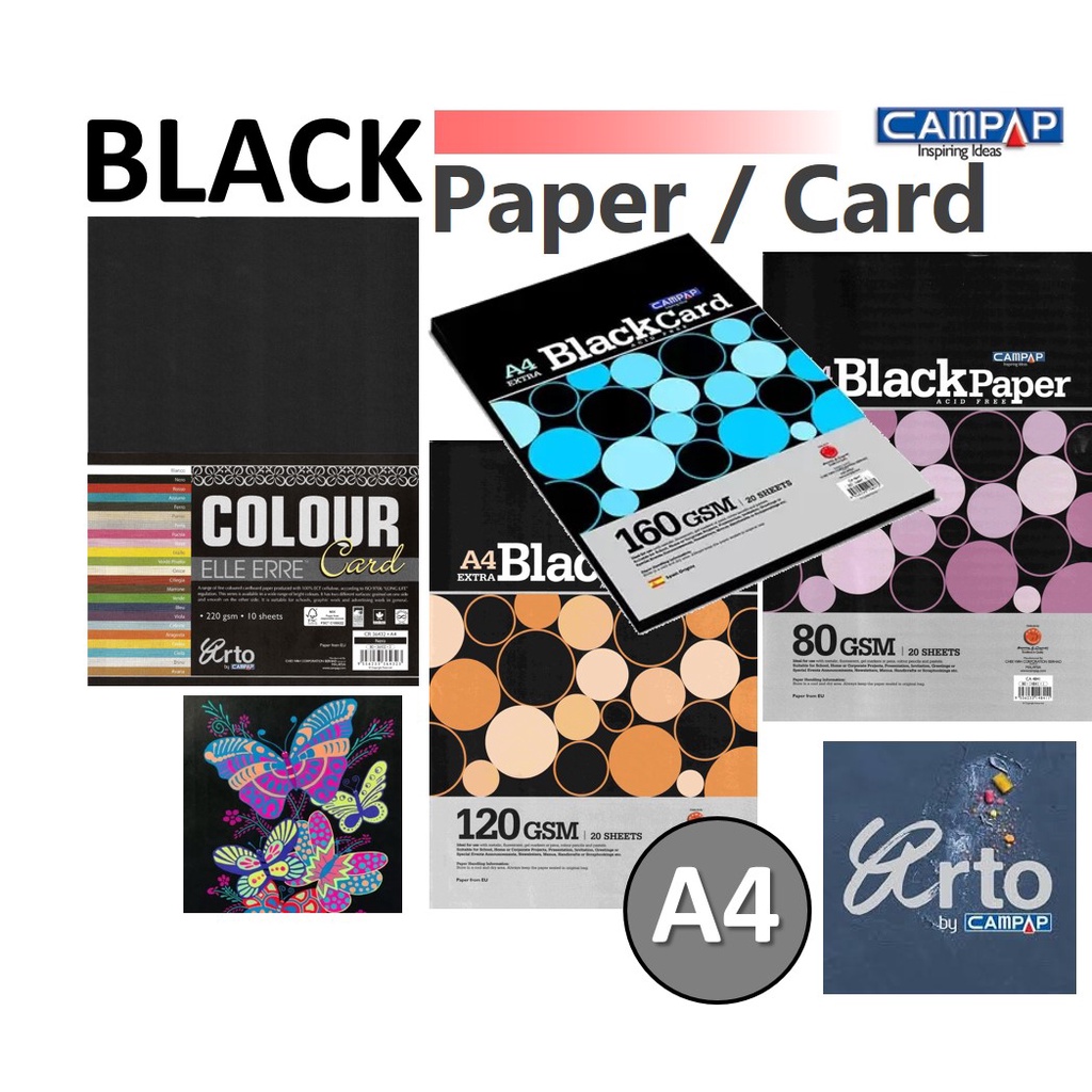 Arto Campap Black Paper Black Card A4 80gsm/120gsm/140gsm/160gsm/220gsm ...
