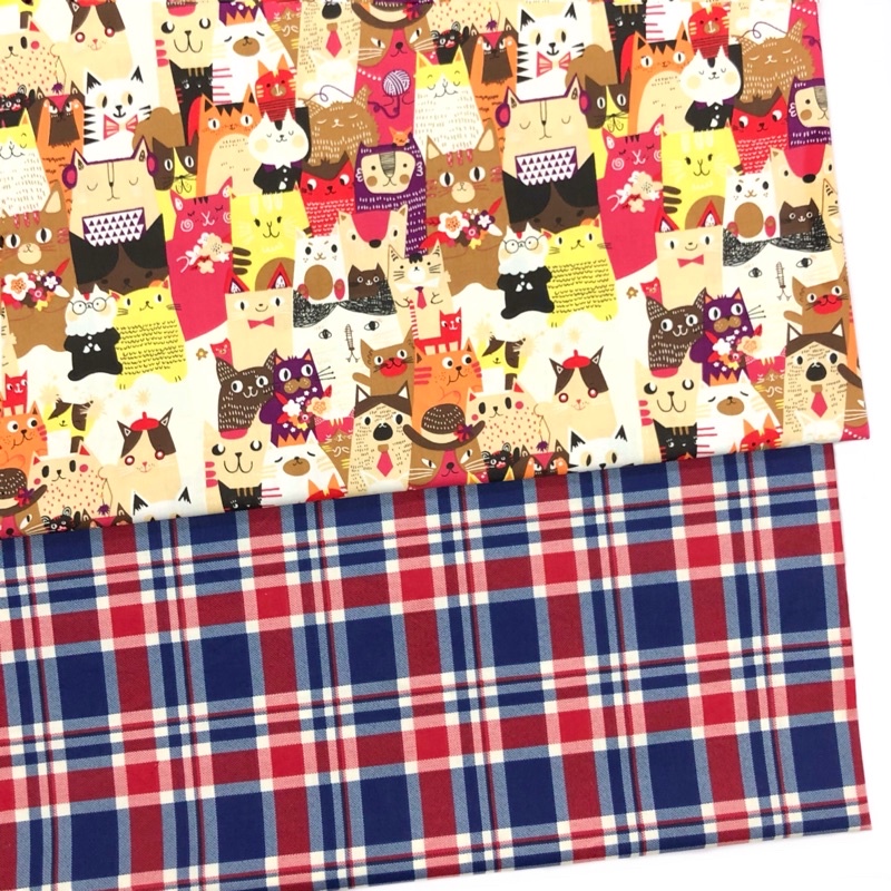 Kain Comb Cotton Kucing Comel & Kotak (Bidang 60”) / Cute Cat & Checker ...