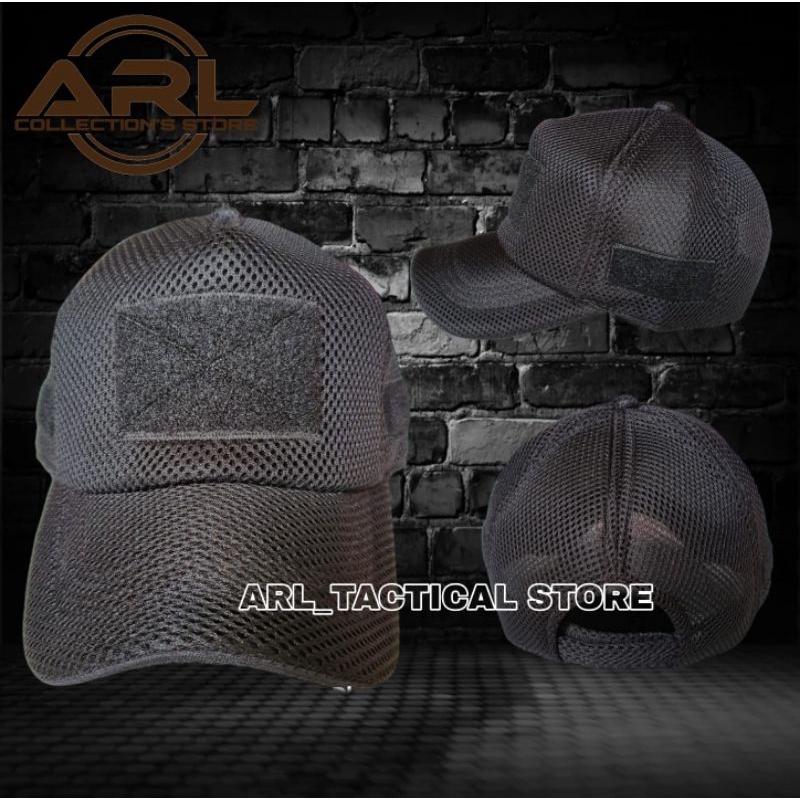 HITAM Plain black double mess hat / velcro tactical net hat / black ...