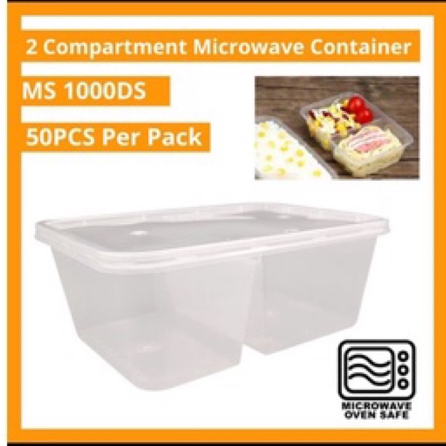1000 DS Two ( 2 ) Compartment Rectangular Plastic Disposable Food Container [ 50sets± ] MS1000DS ...