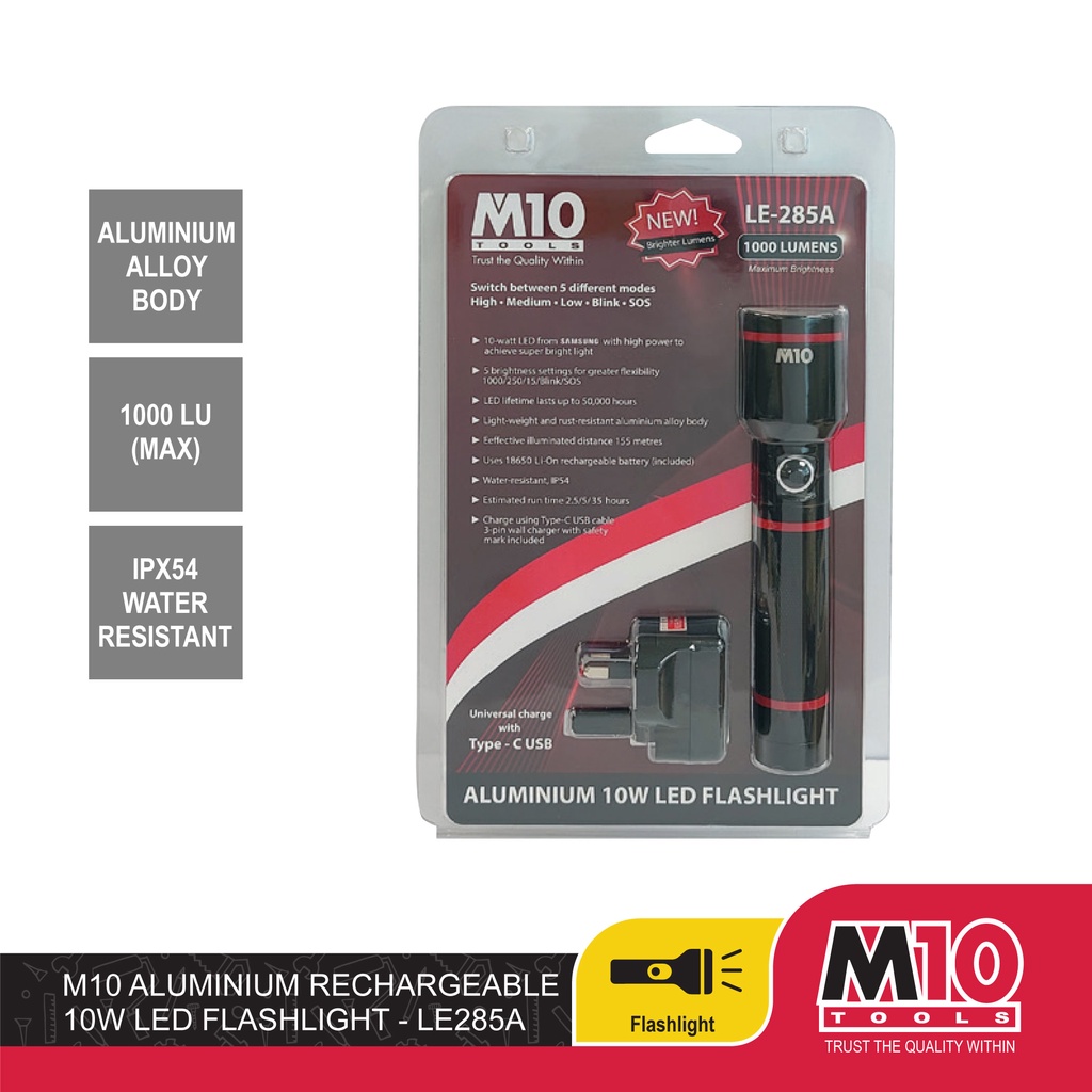 M10 Aluminium Rechargeable 10w Led Flashlight - Le 285 A - Flashlight ...