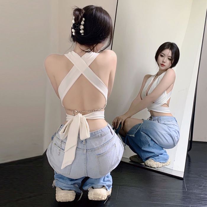 --Sexy spice hollow cross bind all shock chain jacke性感辣妹心机镂空交叉绑带链条短上衣背设计感打底吊带背心潮/发财 | Shopee ...