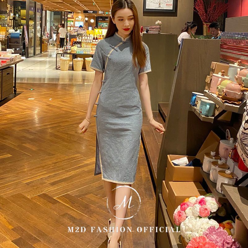 2022 Improved Cheongsam Pink & Blue Plain Cotton Midi Length Cheongsam ...