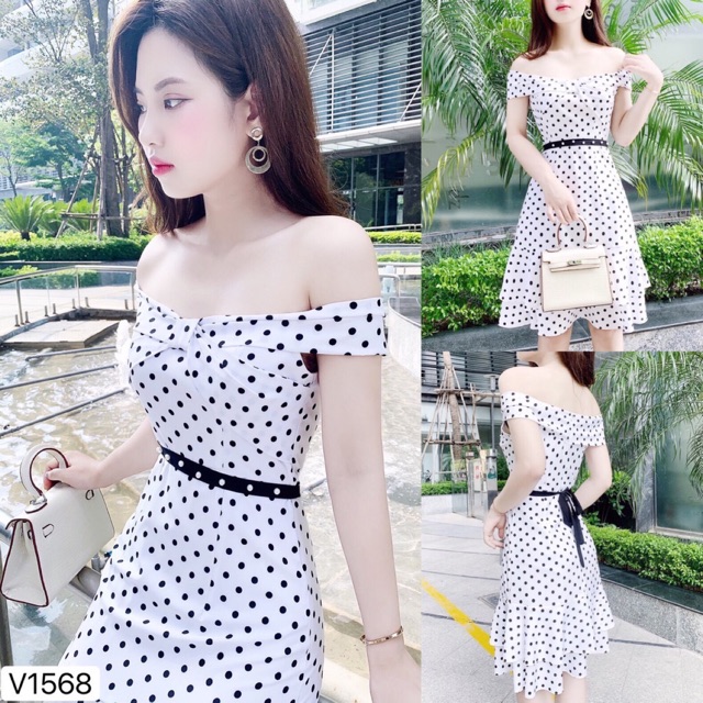 White off-the-shoulder polka dot dress V1568 - DVC officially ...