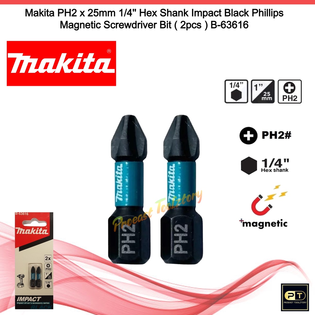 Makita PH2 x 25mm 1/4'' Hex Shank Impact Black Phillips Magnetic ...