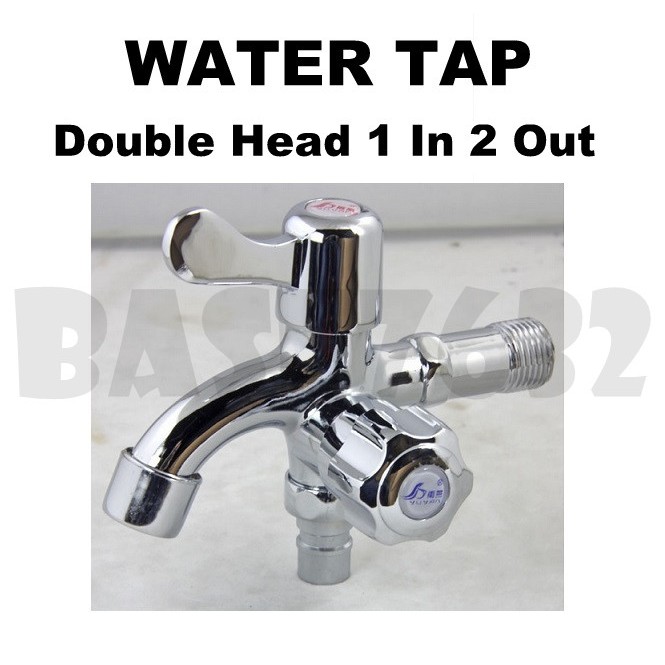 Double Head 1 In 2 Out Two Way Wall Water Tap Faucet Double Handle 1521 ...
