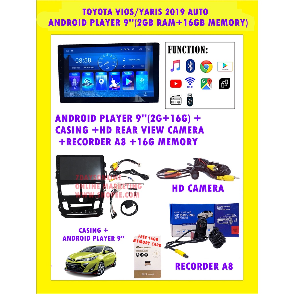 TOYOTA VIOS/YARIS 2019 AUTO 9" ANDROID PLAYER 16GB 2RAM + CASING + HD ...