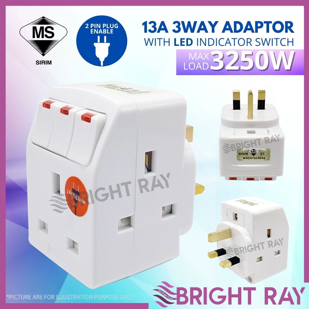 [SIRIM] 13A 3 Way 3 Pin Multi-Adaptor with LED indicator Light, Easy ...