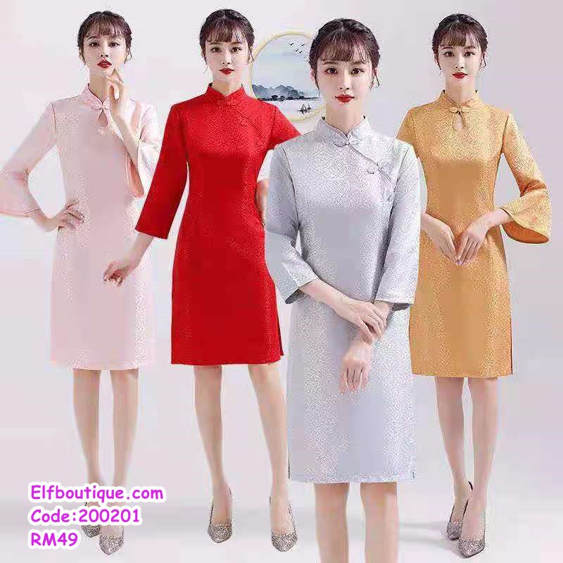 READY STOCK Woman Elegant Medium Long Sleeve Cheong Sam Retro Chinese Traditional Dress Grey/Red ...