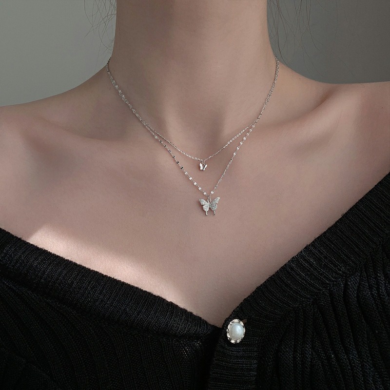 MQJEWELRY Korean Silver Chain Necklace Double Layer Stainless Steel ...