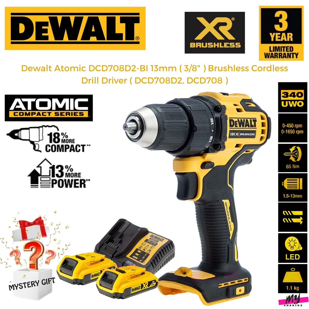 DEWALT Atomic DCD708D2-BI 13mm ( 3/8" ) Brushless Cordless Drill Driver ...