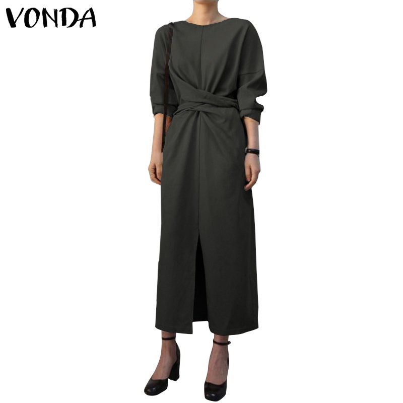 Vonda Women Casual Plain Round Neck Long Sleeve Front Slit Belted Long ...