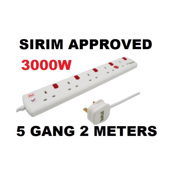 PLI 5 gang 2 meters 3000w trailing socket 5 way extension wire cable ...