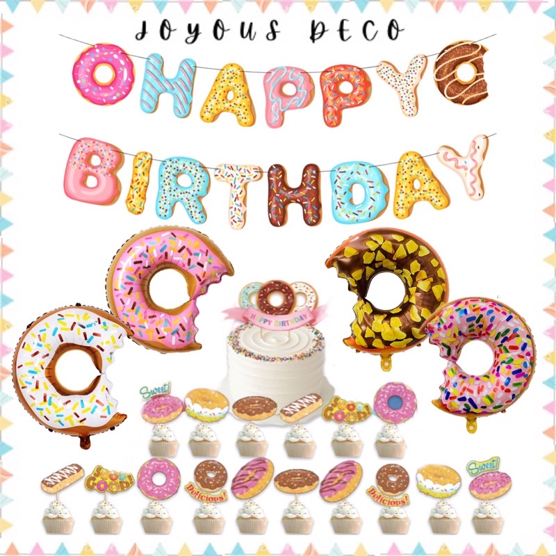 62pcs Donut Theme Set Happy Birthday Set Banner Foil Balloon Food ...
