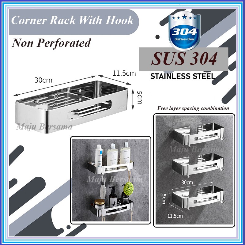 Bathroom Stainless Steel Corner Rack With Hooks Washroom Storage Shelf ...
