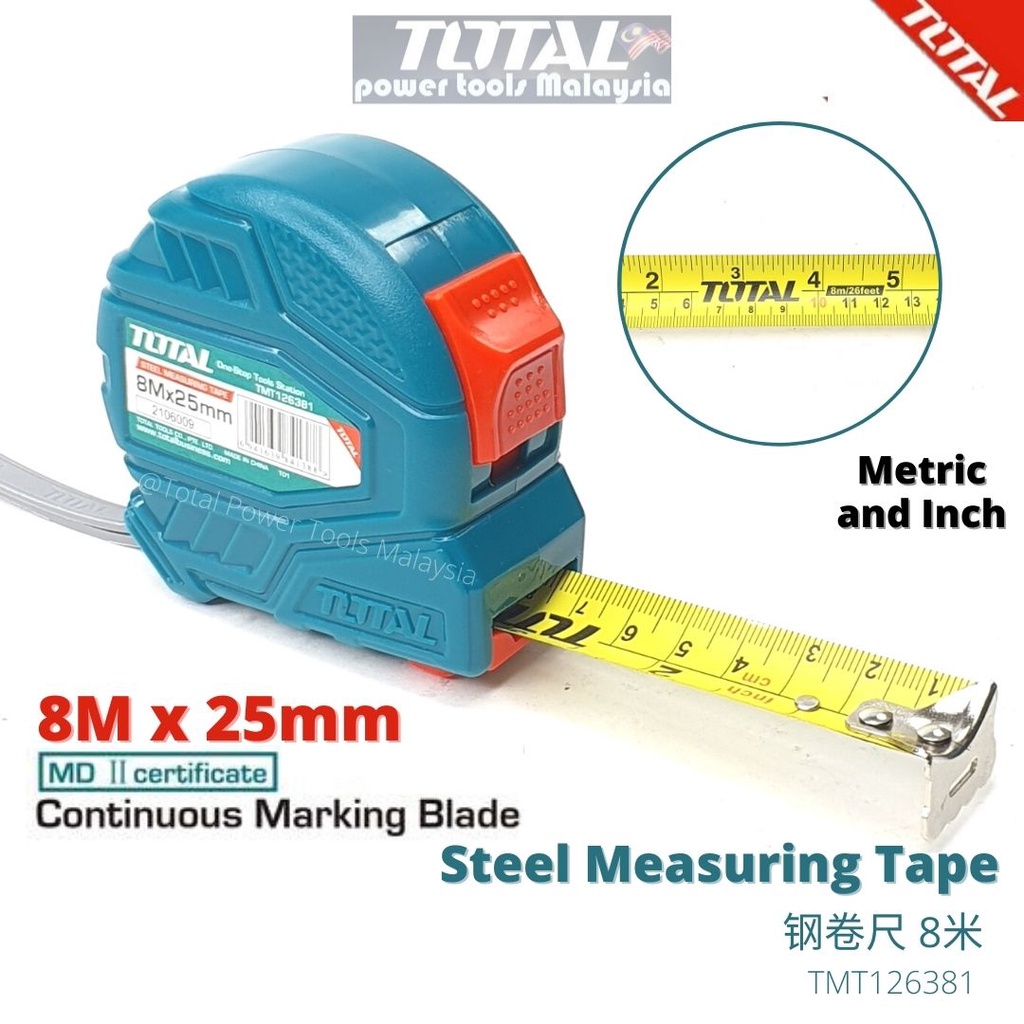 TOTAL Steel Measuring Tape 钢卷尺 5米 8米 - 5M x 25mm - TMT34525 / 8M x 25mm ...