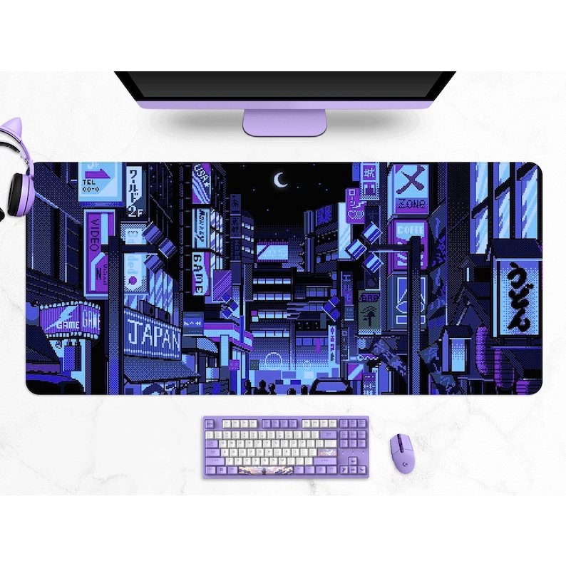 Tokyo Street desk mat, retro vaporwave neon pixel art, Purple Japanese ...