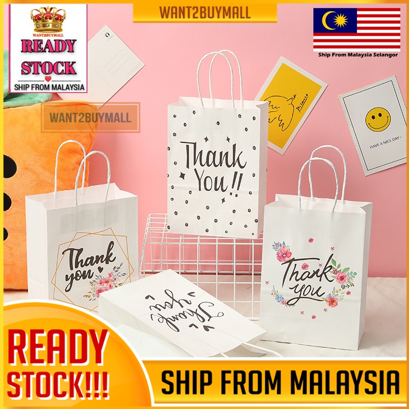 🇲🇾 THANK YOU Printed Flower Love Door Gift White Paper Bag With Handle / Wedding Kahwin Hadiah ...