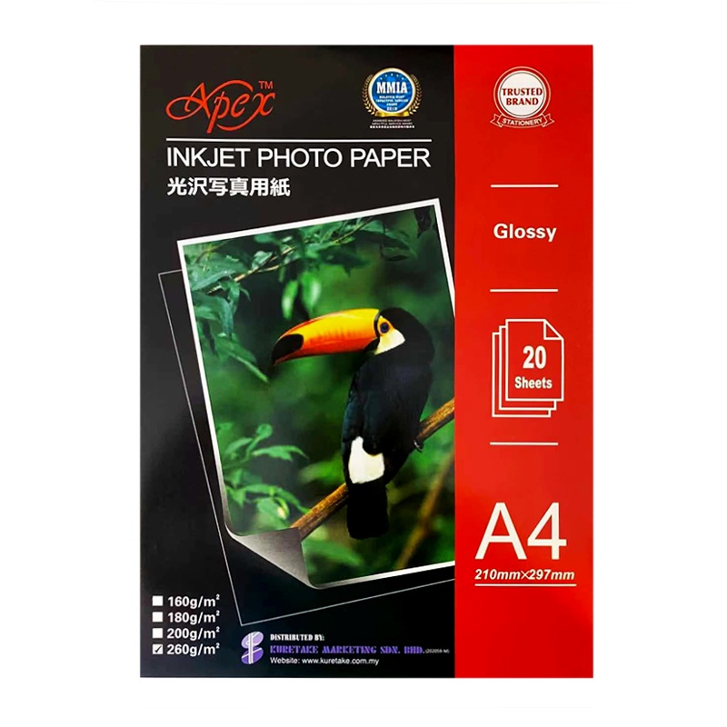 Apex Inkjet Glossy Photo Paper 210mm x 297mm A4 260G 20 Sheets | Shopee Malaysia